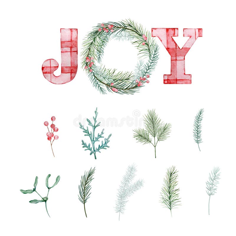Watercolor Christmas Composition with JOY Wreath and Winter Greenery ...