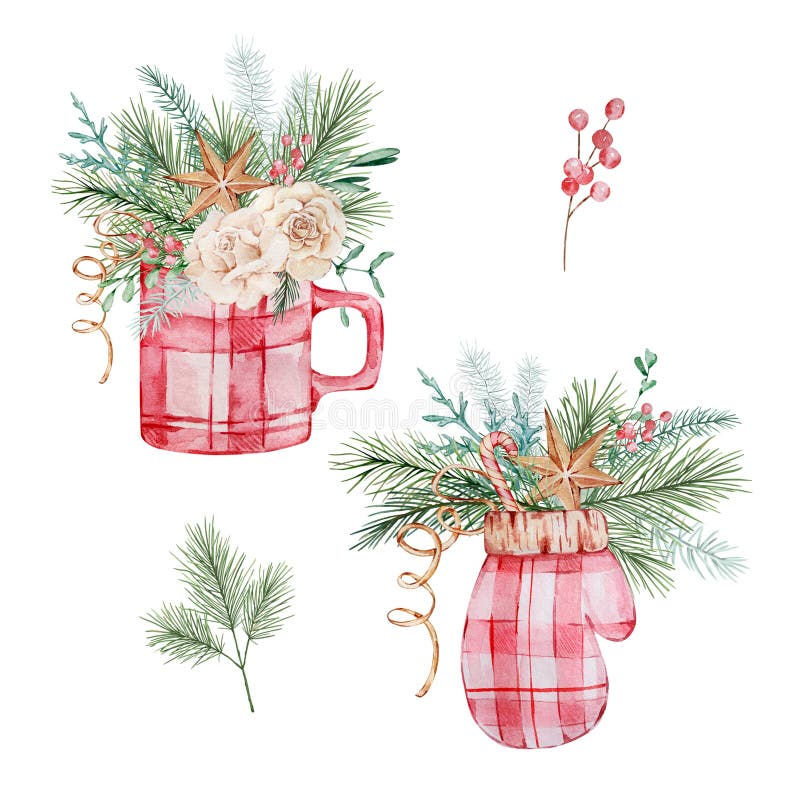 Watercolor Christmas Compositions Set with Winter Greenery Stock ...