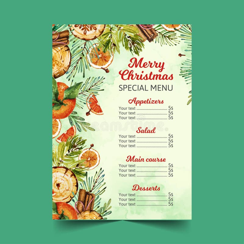 Watercolor Christmas Menu Template with Elements Vector Illustration ...
