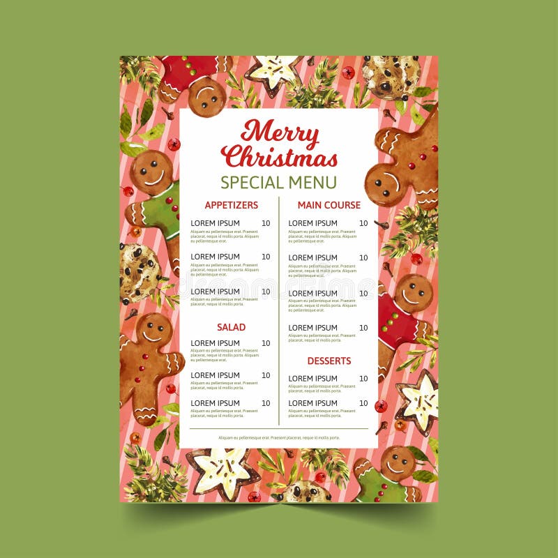 Watercolor Christmas Menu Template with Gingerbread Men Design ...