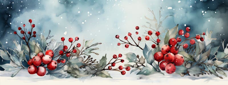 Watercolor Christmas Mockup Banner with Red Berries Stock Illustration ...