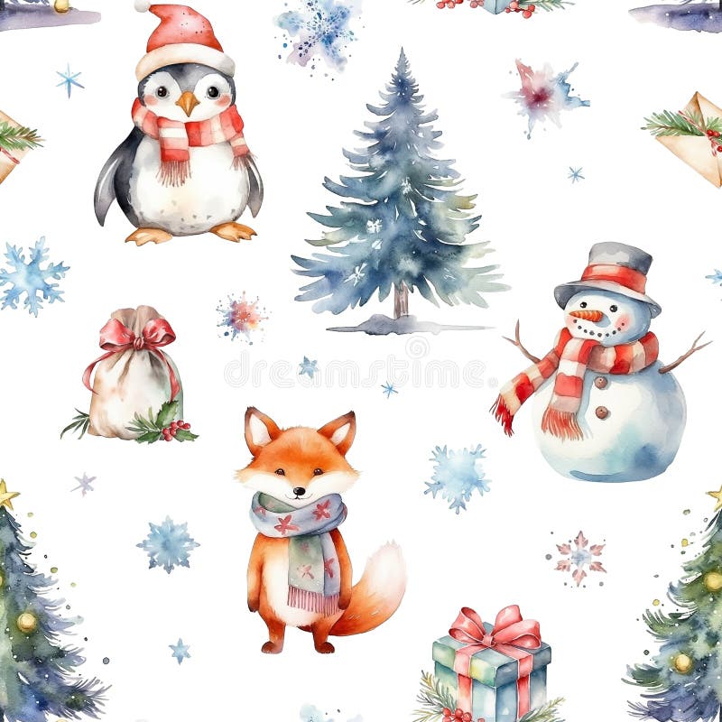 Watercolor Christmas Pattern with Snowman, Fox, Penguin, Christmas ...