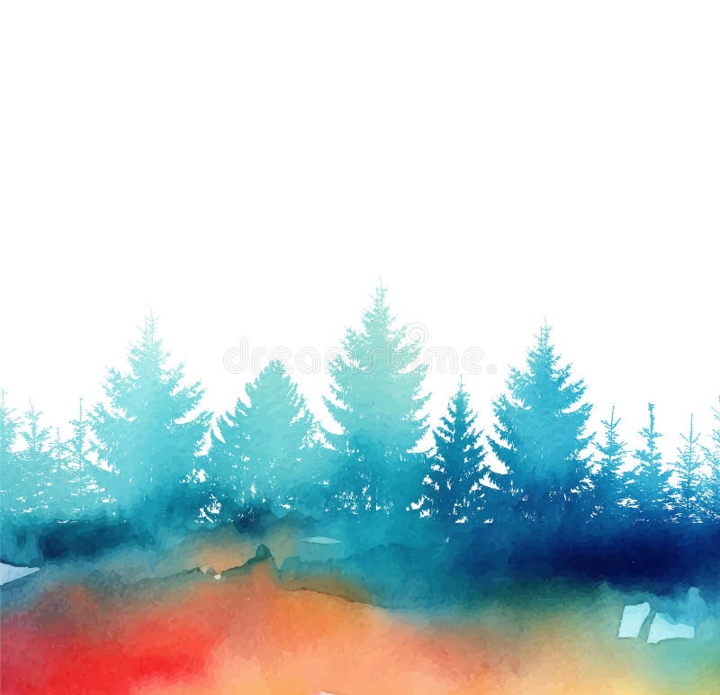 Watercolor Christmas Trees at Sunset. Hand Drawing Stock Vector ...