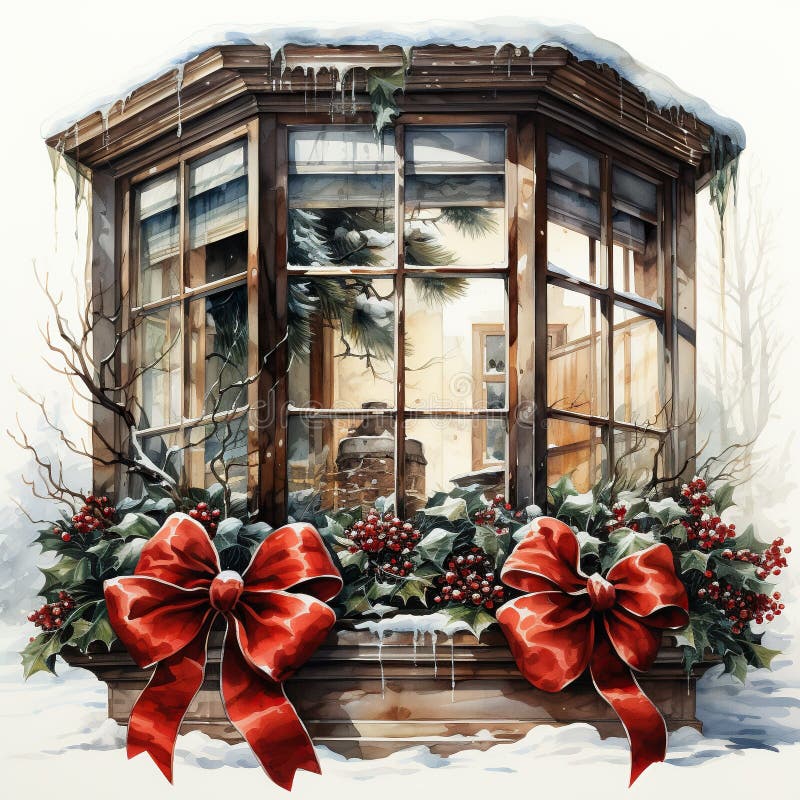 Watercolor Christmas Windows Adorned with Winter Decorations ...