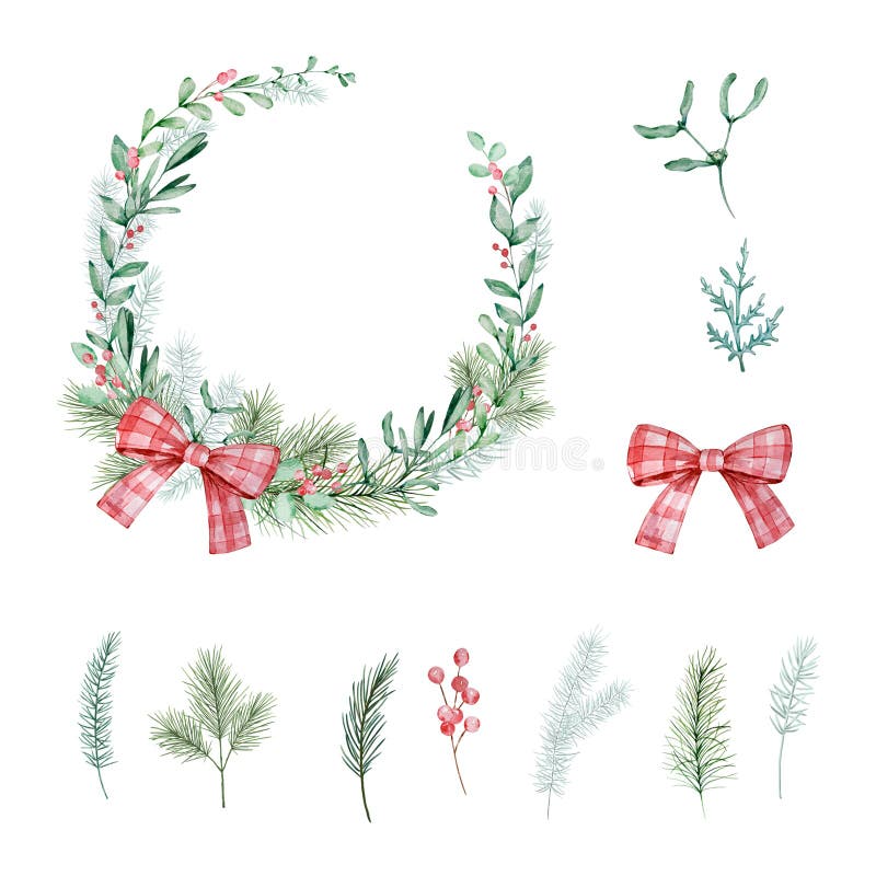 Watercolor Christmas Wreath with Bow and Winter Greenery Stock ...