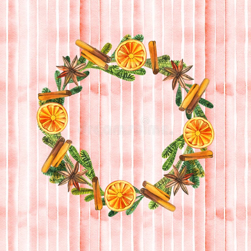 Watercolor Christmas Wreath with Oranges, Cinnamon Round Frame, Holiday ...