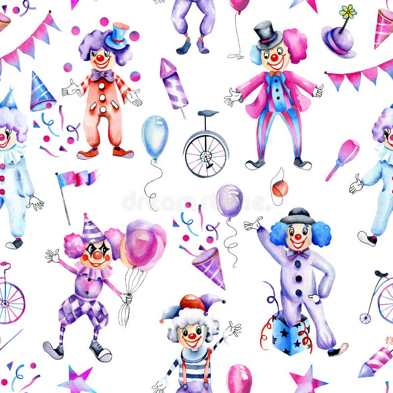Watercolor Circus Clowns and Different Festive Elements Seamless ...