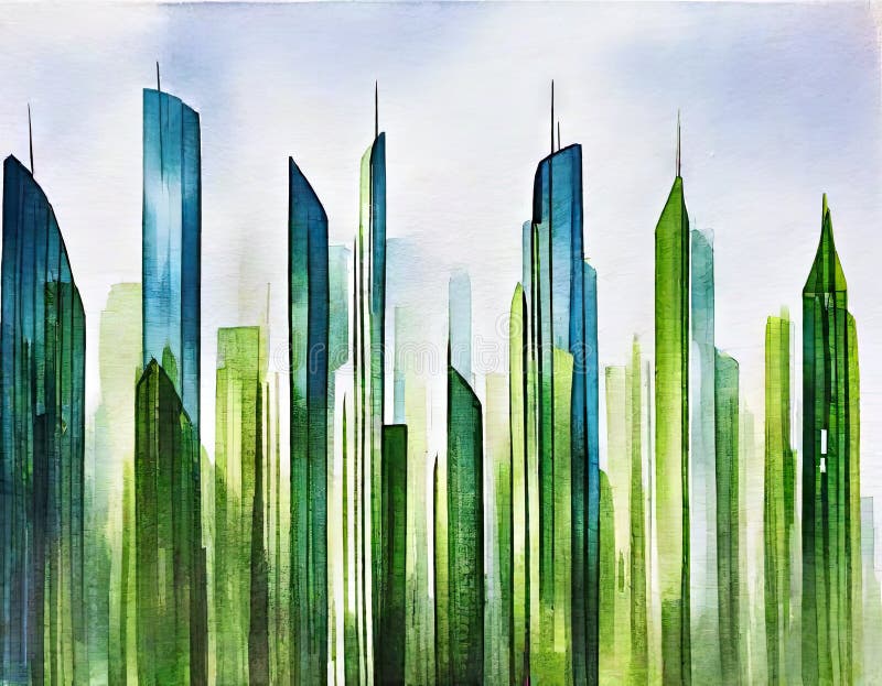 Watercolor of a City with Advanced Building and Modern Captivating ...