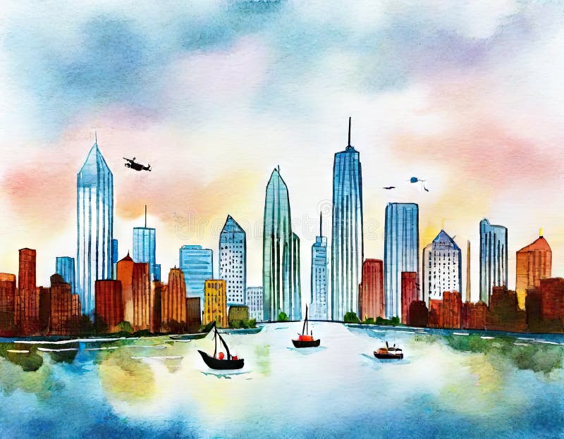 Watercolor of a City with Floating Ships and a Bridge Stock ...