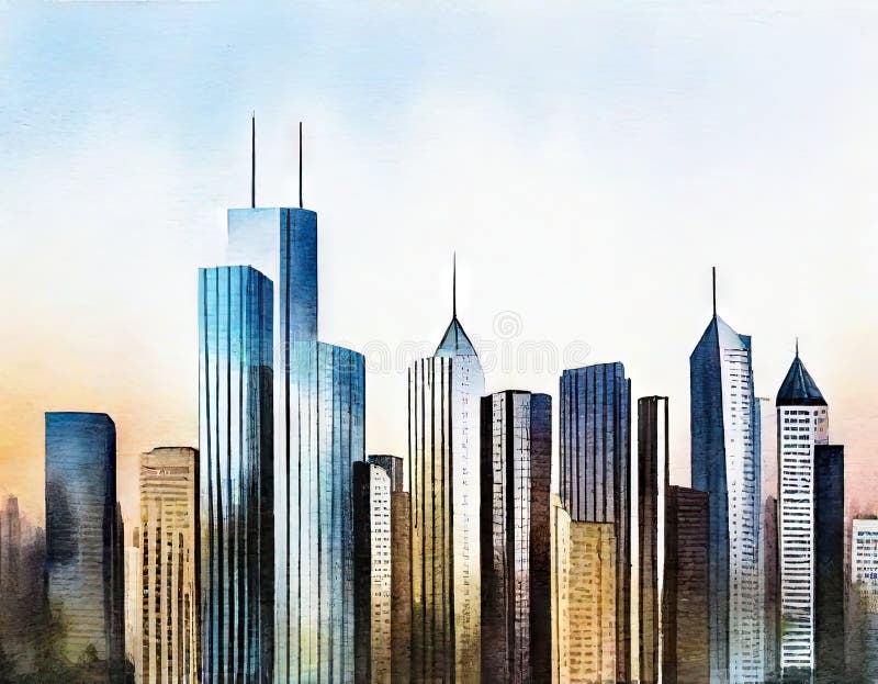 Watercolor of City Skyline with Skyscraper Stock Image - Image of ...