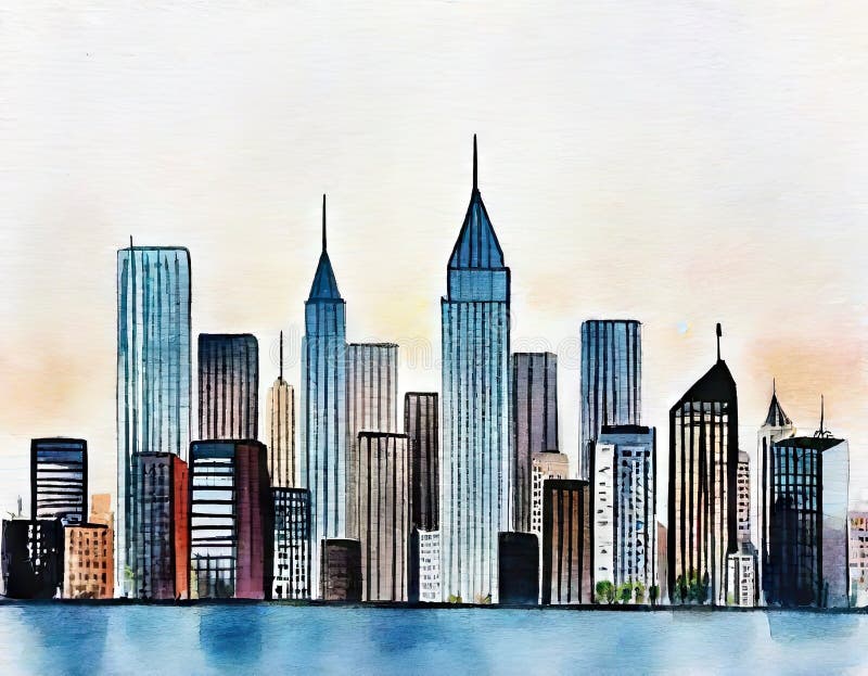 Watercolor of City Skyline with Skyscraper Stock Image - Image of ...