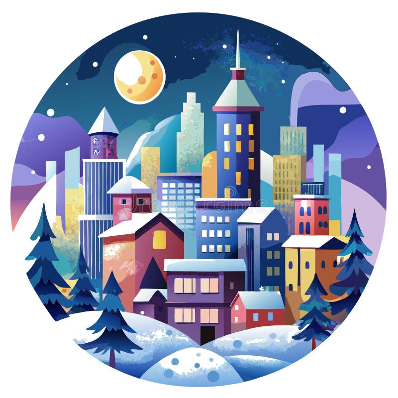 Watercolor Cityscape Under a Full Moon on Snowy Night Stock Vector ...