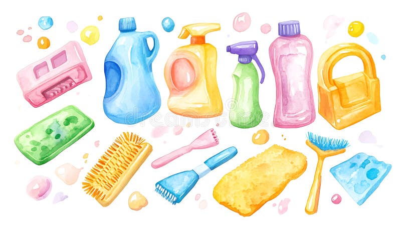 Watercolor Cleaning Supplies Illustration Stock Illustration ...