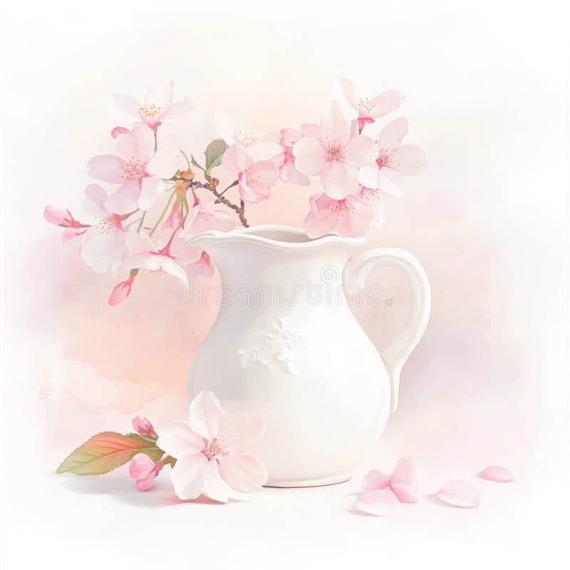 Watercolor Clipart Featuring a Pitcher of Pink Spring Flowers on a ...