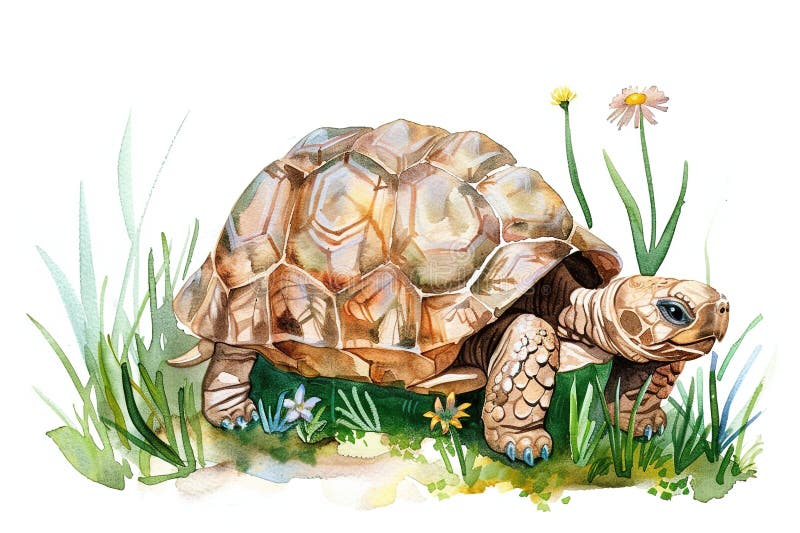 Watercolor Clipart of a Land Turtle on the Grass Stock Illustration ...