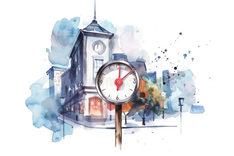 A Watercolor Clock in Front of a Building Stock Illustration ...