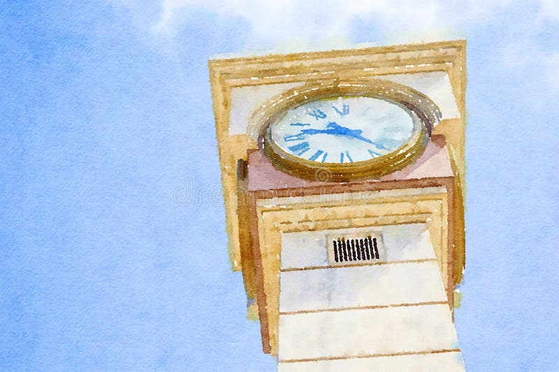 Watercolor of Clock Tower on Blue Color Stock Photo - Image of brush ...