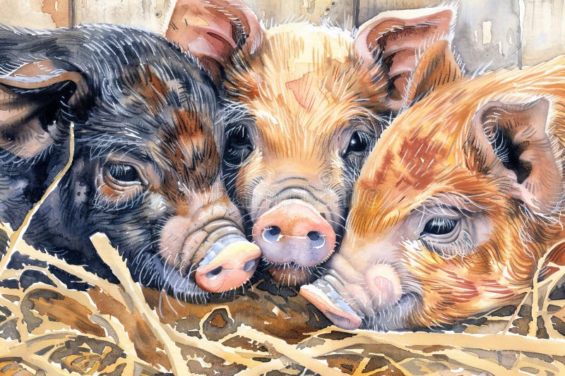 Watercolor Close Up of Piglets on a Farm Stock Illustration ...