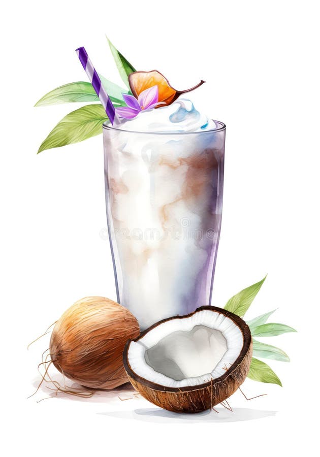 Watercolor Coconut Milkshake. Stock Photo - Image of coconut ...