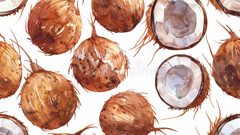 Watercolor Coconut Pattern, Creative Tropical Fruit Design. Abstract ...