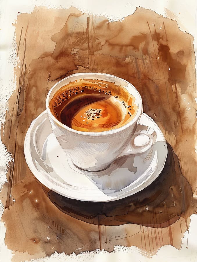 Watercolor Coffee Art Print - Rustic Espresso in White Cup for Kitchen ...
