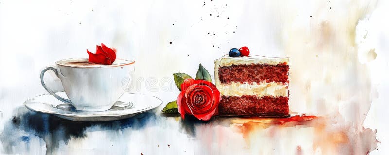 Watercolor Coffee, Cake, Rose Romantic Still Life Stock Illustration ...