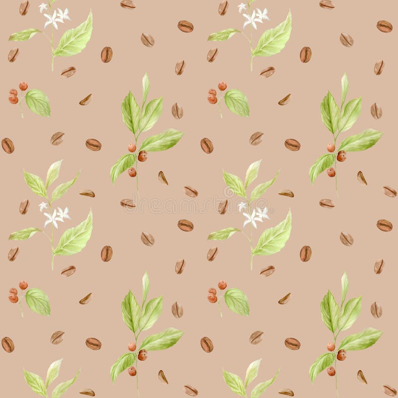 Watercolor Coffee Seamless Pattern. Hand Painted Branches of Coffee ...