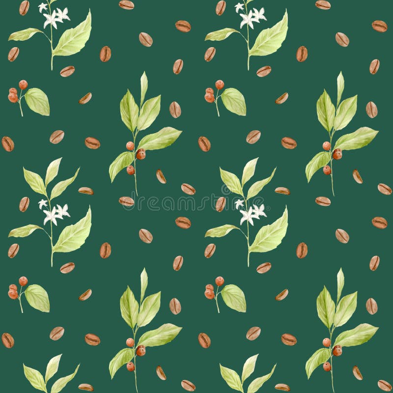 Watercolor Coffee Seamless Pattern. Hand Painted Branches of Coffee ...