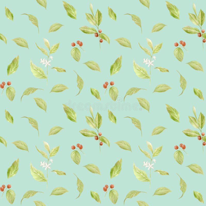 Watercolor Coffee Seamless Pattern. Hand Painted Branches of Coffee ...