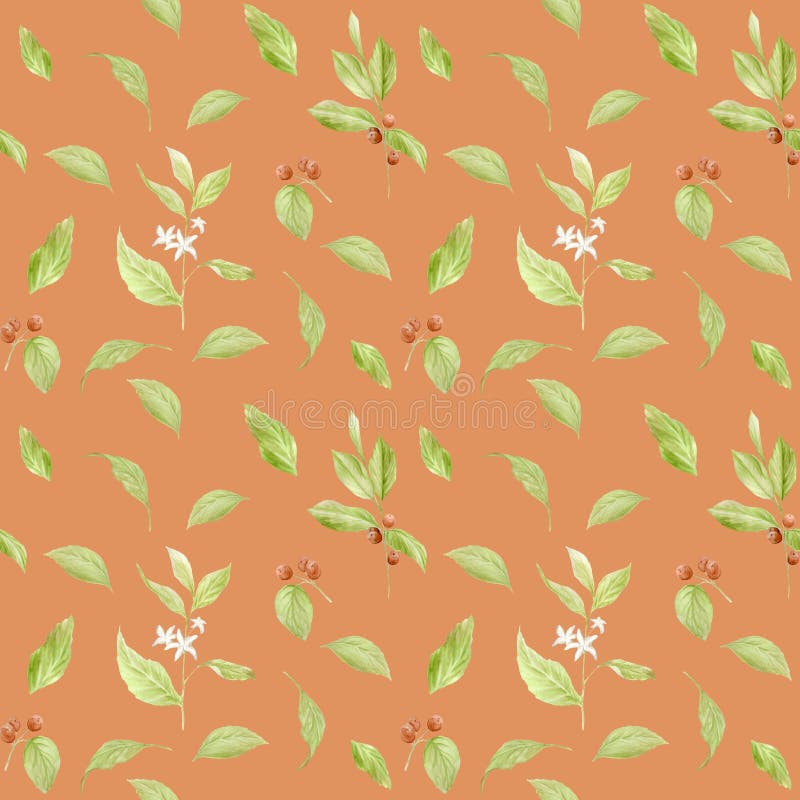 Watercolor Coffee Seamless Pattern. Hand Painted Branches of Coffee ...