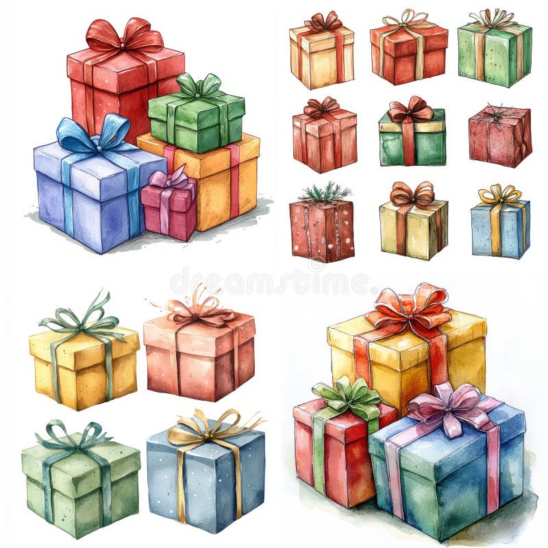 Watercolor of a Collection of Beautifully Wrapped Gift Boxes in Various ...