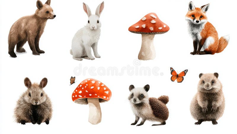 A Watercolor Collection Featuring Forest Creatures Such As a Fox ...