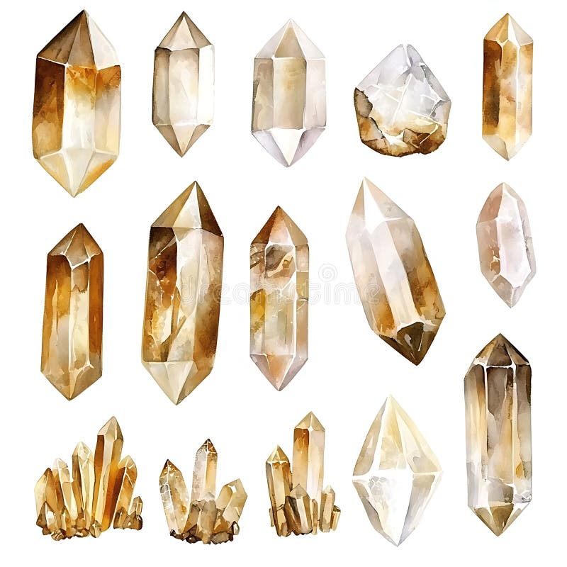 Watercolor Collection of Golden Crystals Stock Illustration ...