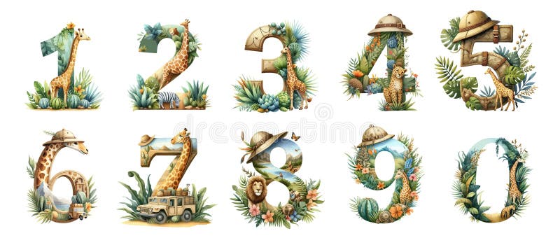 Watercolor Collection of Safari Color Numbers. Stock Vector ...