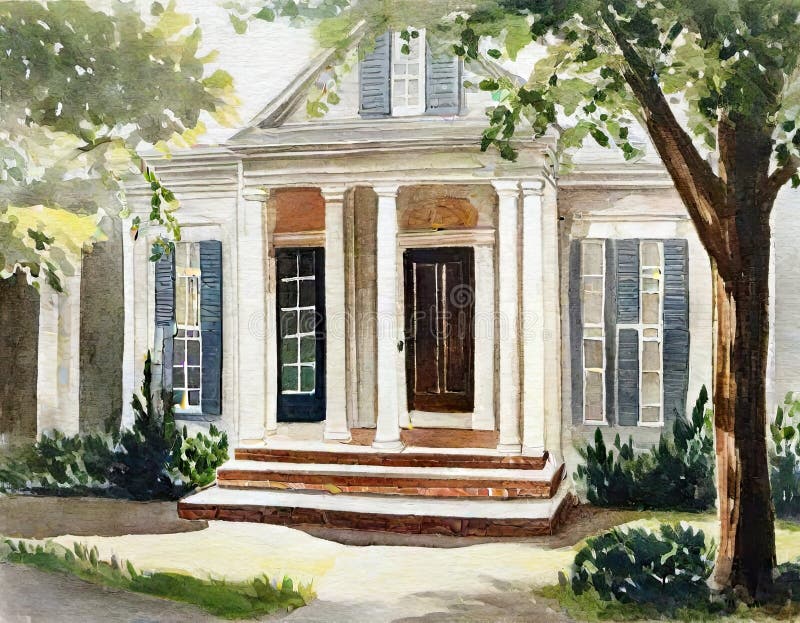Watercolor of Colonial House with Steps and Created with Stock ...