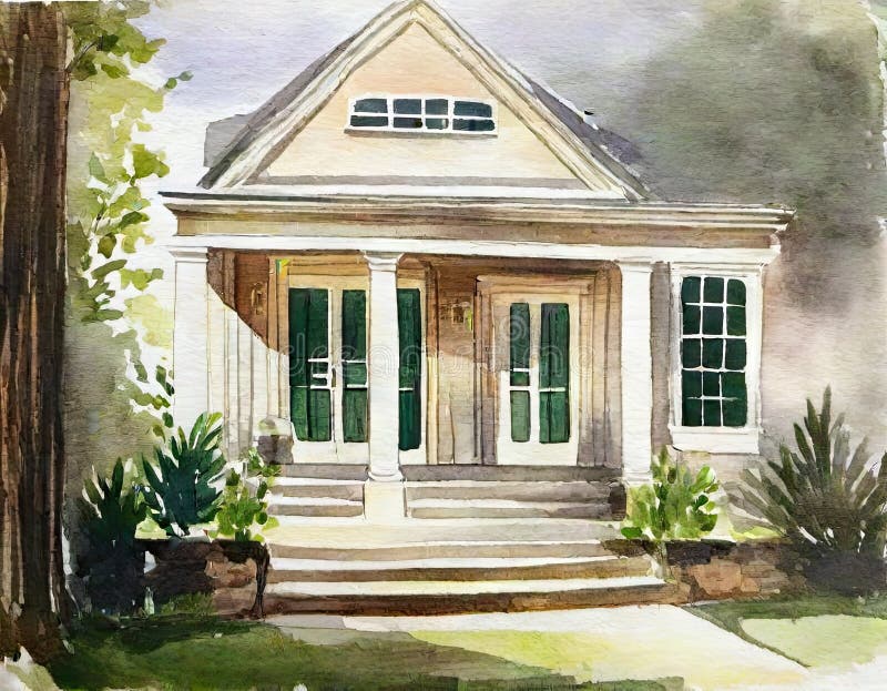 Watercolor of Colonial House with Steps and Created with Stock ...
