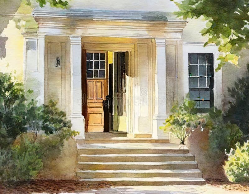 Watercolor Old Colonial Home Watercolor Colonial Architecture Stock