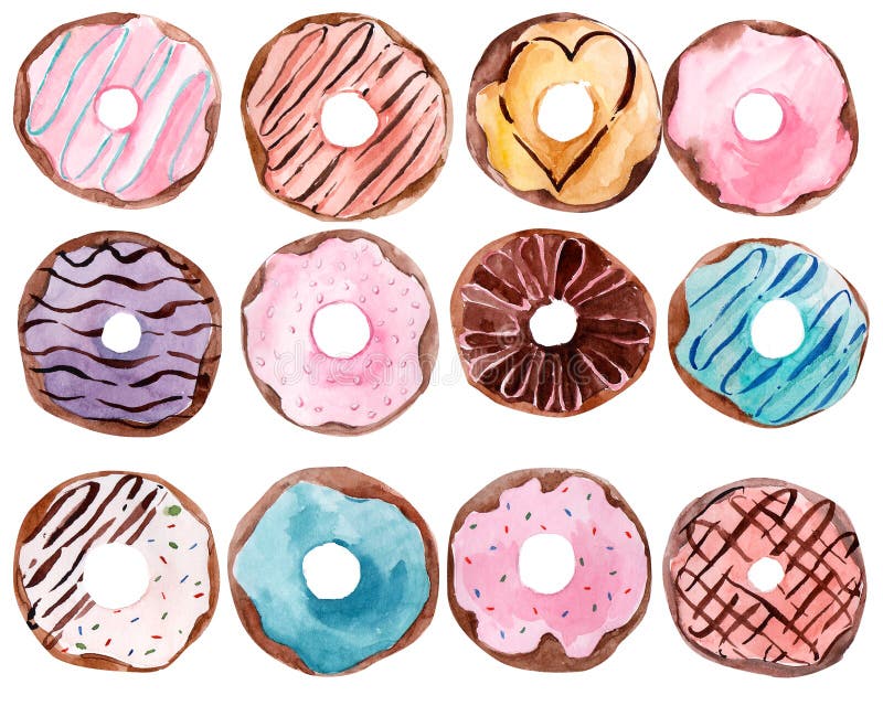Watercolor Colorful Donuts. Hand Painted Stock Illustration ...