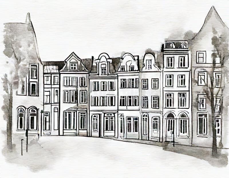 Watercolor of Coloring Page Dutch Architecture Stock Illustration ...