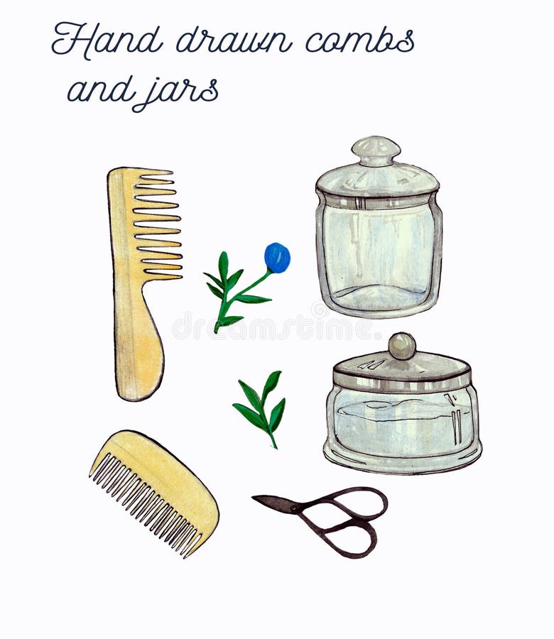 Watercolor Combs and and Jars Set Hand Drawn Stock Illustration ...