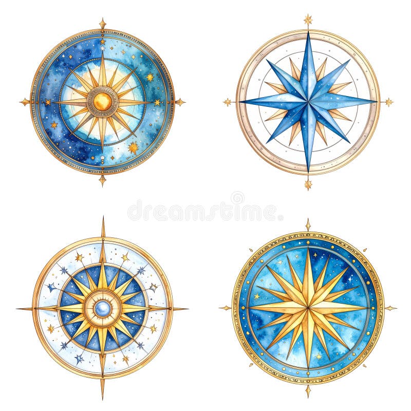 Watercolor Compass Set: Celestial Blue and Gold Nautical Design Stock ...