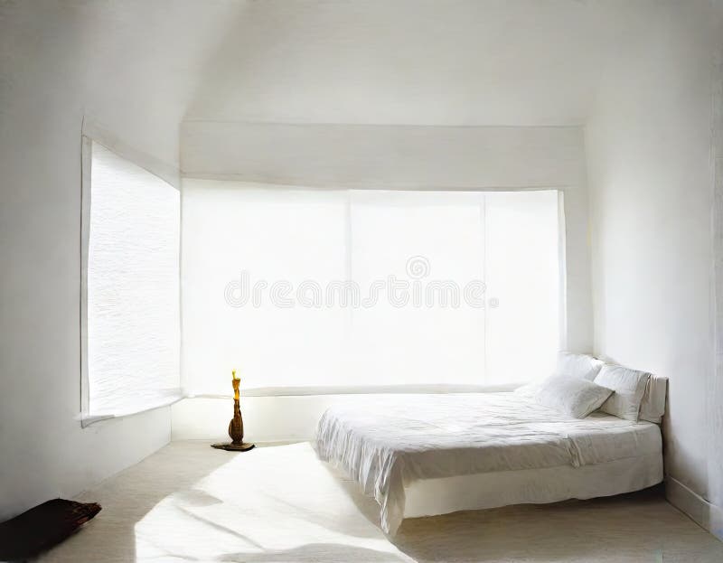 Watercolor of a Completely White Bedroom with Window Covered by a Stock ...