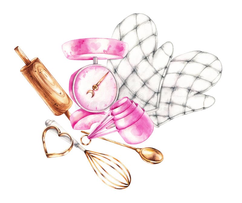 Watercolor Composition of Baking Tools Isolated on a White Stock ...
