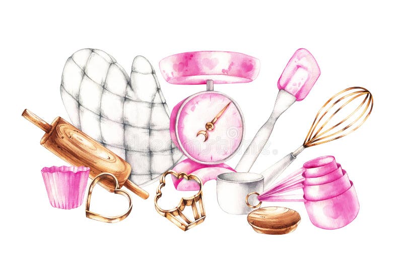 Watercolor Composition of Baking Tools Isolated on a White Stock ...