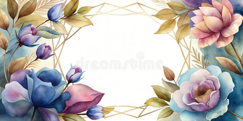 Watercolor Composition of Delicate Blue and Pink Flowers with Golden ...