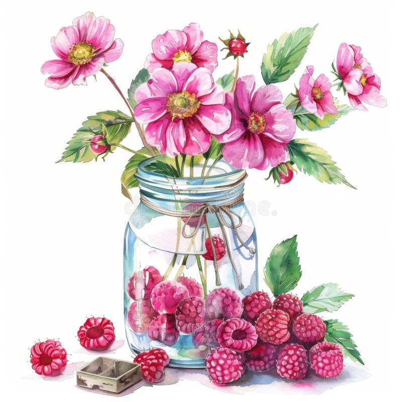 A Watercolor Composition of Raspberry Berries and Delicate Flowers ...