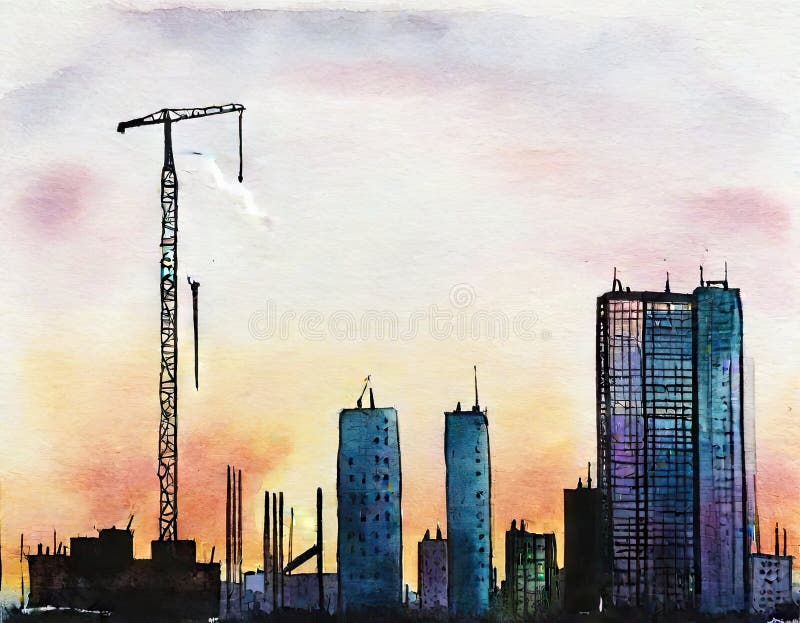 Watercolor of Construction Site with Crane at Sunset Stock Illustration ...
