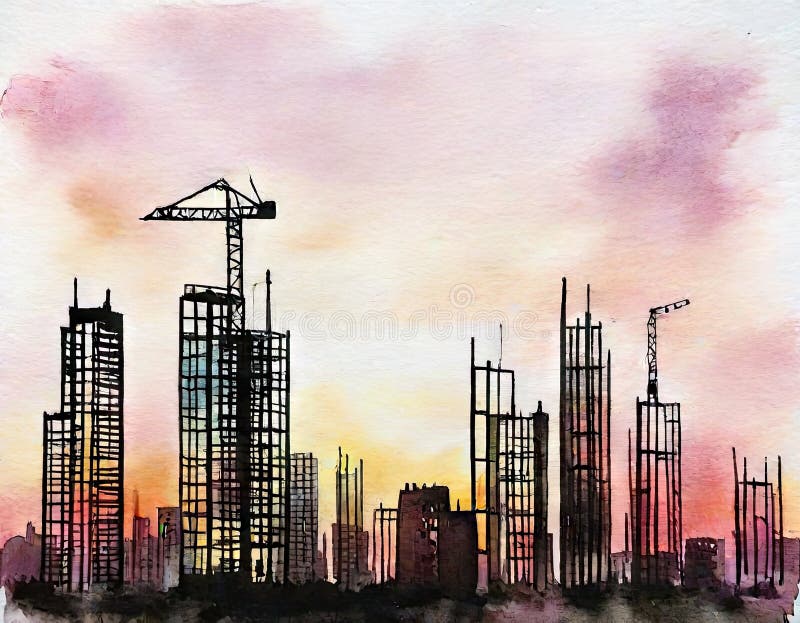 Watercolor of Construction Site with Crane at Sunset Stock Illustration ...