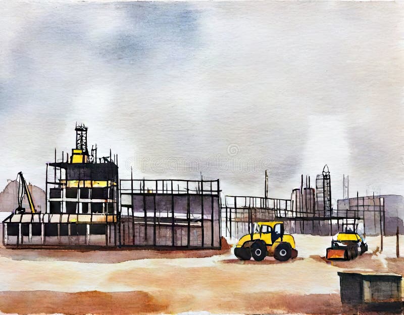 Watercolor of Construction Site with Powerful Stock Illustration ...