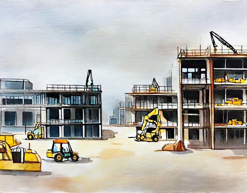 Watercolor of Construction Site with Powerful Stock Illustration ...